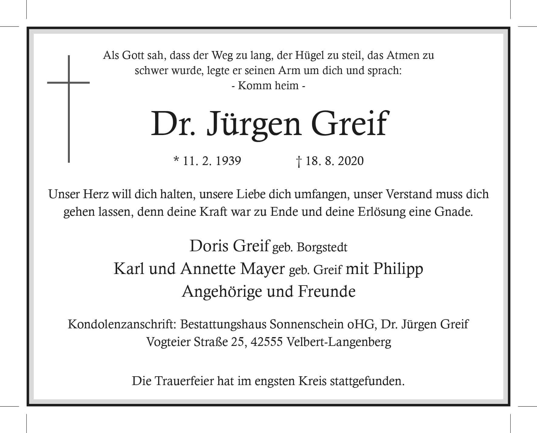 Dr. Jürgen Greif † 18. 8. 2020 - Bestattungshaus Sonnenschein